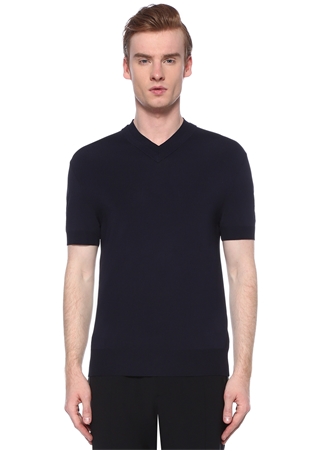 Neil Barrett Erkek Lacivert Yaka Detaylı Kısa Kollu Triko XL EU