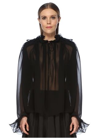 Magda Butrym Kadın Key West Siyah Fırfırlı İpek Bluz 34 FR