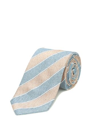 Network Erkek Mavi Bej Çizgi Desenli İpek Kravat Eu