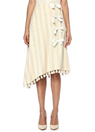 Altuzarra Kadın Bej Önü Bağcıklı Etnik Desenli Asimetrik Midi Etek 38 IT