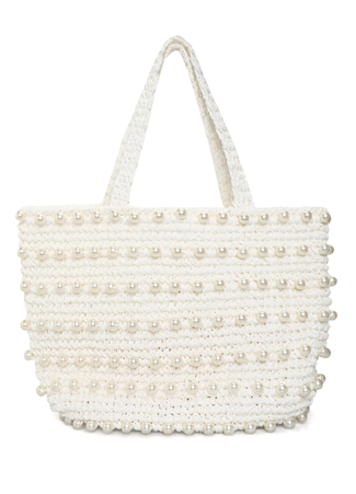 07 Kadın Malibu Beyaz İncili Dokulu Plaj Çantası Bej EU
