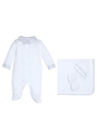 Princess Baby Erkek Bebek Beyaz Gri Papyonlu 4lü Hediye Seti 0-3 Ay EU