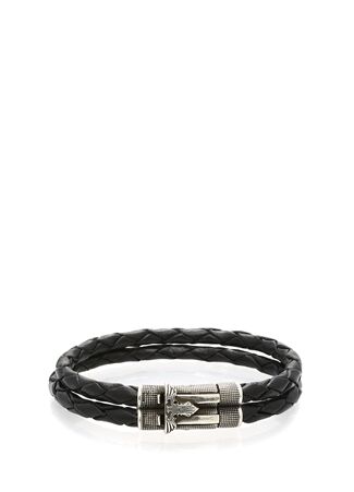 Kayra Khan Erkek Siyah Örgü Dokulu Gümüş Rengi Bileklik L EU