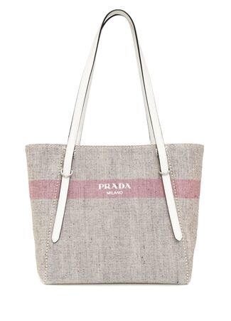 Prada Kadın Bej Pembe Logolu Keten Omuz Çantası EU