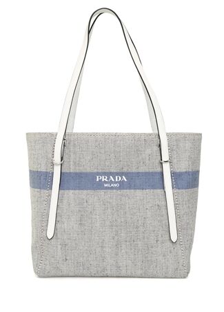 Prada Kadın Bej Mavi Logo Baskılı Keten Omuz Çantası EU