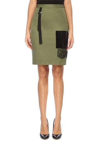 Dsquared2 Kadın Haki Siyah Blok Baskılı Dantel Garnili Mini Etek Yeşil 40 IT