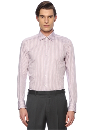 Zegna Erkek Pembe Beyaz İngiliz Yaka Çizgi Desenli Gömlek Kırmızı 44 IT