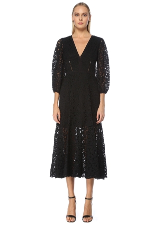 Jonathan Simkhai Kadın Siyah V Yaka Dantelli Midi Kokteyl Elbise 6 US