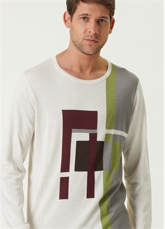 Pal Zileri Erkek Beyaz Patchwork Desenli Uzun Kollu İpek T-shirt 52 IT