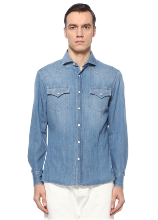 Brunello Cucinelli Erkek Mavi Yarı İtalyan Yaka Denim Gömlek L EU