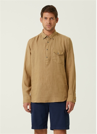Beymen Club Erkek Slim Fit Bej Düğmeli Yaka Keten Gömlek Kahverengi S