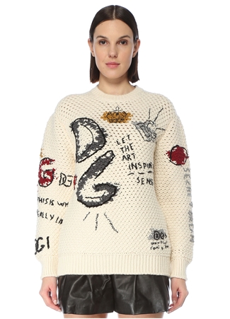 Dolce&Gabbana Kadın Ekru Bisiklet Yaka Logolu Yün Kazak Beyaz 40 IT