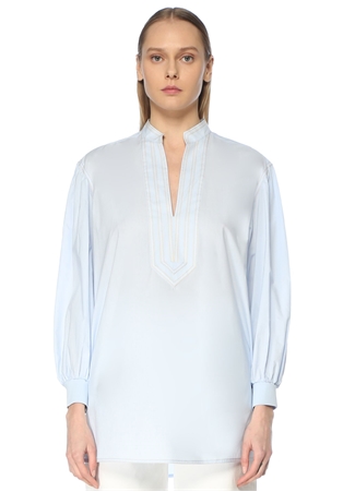 Tory Burch Kadın Mavi V Yaka Balon Kol Bluz S EU