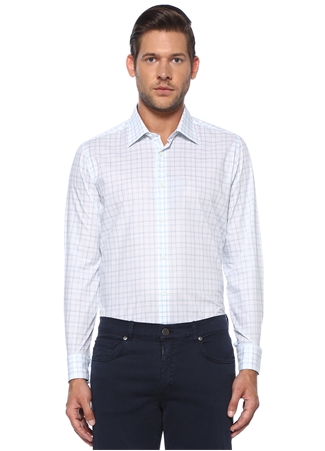 Pal Zileri Erkek Yeşil Beyaz Modern Yaka Kareli Gömlek 38 IT