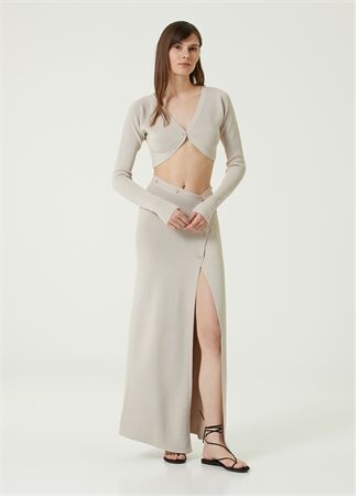 Aya Muse Kadın Bej Kruvaze Yırtmaçlı Midi Etek S EU