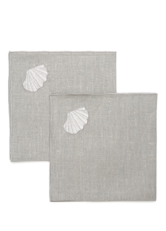 Coral&Co. Studio Gri İstiridye Nakışlı 2li Keten Peçete Seti