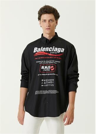 Balenciaga Erkek Siyah Düğmeli Yaka Slogan Detaylı Gömlek S EU