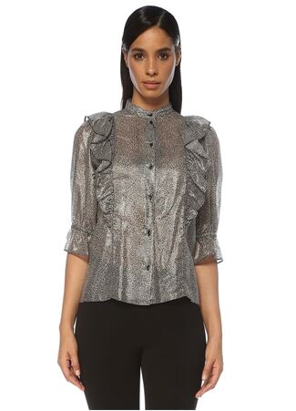 Kadın Hakim Yaka Fırfırlı Desenli İpek Gömlek Siyah 38 IT