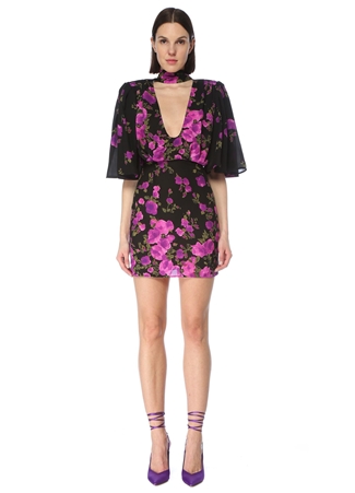 Magda Butrym Kadın Siyah Mor Çiçek Desenli Mini İpek Elbise 36 FR