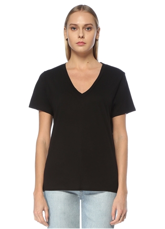 Tru Kadın Siyah V Yaka Basic T-shirt S/M EU
