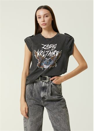 Zadig&Voltaire Kadın Donate Koyu Gri Bisiklet Yaka Logolu T-shirt XS EU