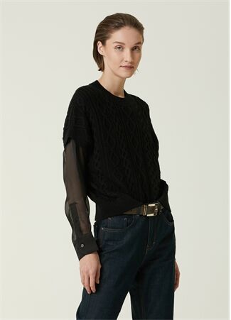 Beymen Collection Kadın Siyah Saç Örgü Dokulu Yün Süveter S