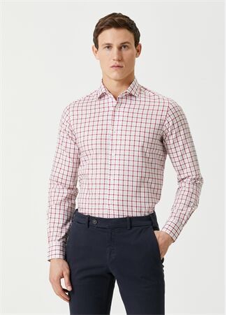 Pal Zileri Erkek Beyaz Bordo Kareli Keten Gömlek 40 IT