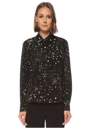 Academia Kadın Siyah Polo Yaka Kristal Desenli İpek Gömlek 34