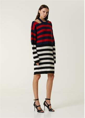 Balmain Kadın Colorblocked Çizgili Mini Yün Elbise Kırmızı 36 FR