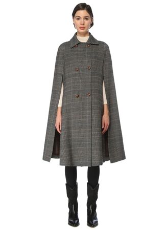 Faraway Kadın Gri Ekoseli Çift Taraflı Uzun Yün Pelerin 36 EU