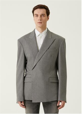 Balmain Erkek Gri Kırlangıç Yaka Beli Kemerli Yün Ceket 48 IT