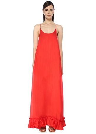 Bird & Knoll Kadın Karolina Kırmızı İnce Askılı Maksi İpek Elbise XS EU