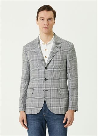 Brunello Cucinelli Erkek Gri Ekoseli Keten Ceket 52 IT Brunello Cucinelli Erkek Gri Ekoseli Keten Ceket 52 IT