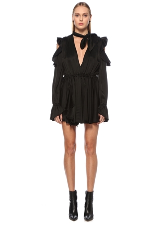 Off-White Kadın Siyah Yakası Bağcıklı Volanlı Mini Elbise 42 IT Off-White Kadın Siyah Yakası Bağcıklı Volanlı Mini Elbise 42 IT