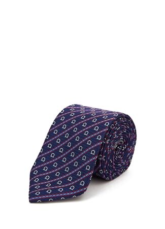 Salvatore Ferragamo Erkek Mavi Kırmızı Logolu İpek Kravat EU