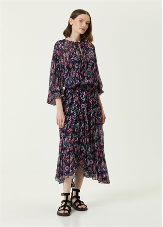 Etoile Isabel Marant Kadın Siyah Çiçekli Uzun Kol Midi Elbise 36 FR