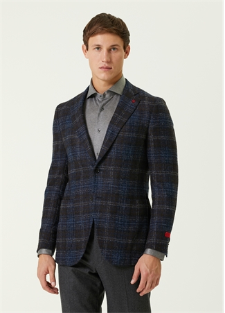 Isaia Erkek Lacivert Kelebek Yaka Ekose Desenli Ceket 52 IT Isaia Erkek Lacivert Kelebek Yaka Ekose Desenli Ceket 52 IT