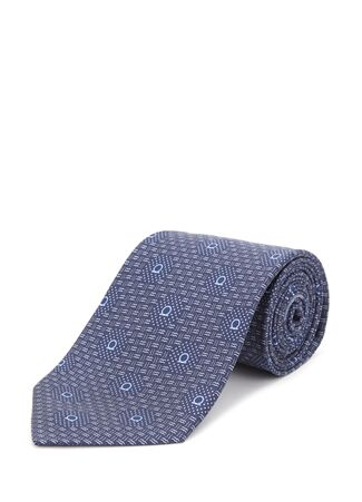 Salvatore Ferragamo Erkek Lacivert Mikro Desenli İpek Kravat EU