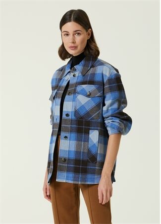 Kenzo Kadın Mavi Ekoseli Yün Gömlek 34 FR