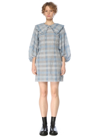 Ganni Kadın Mavi Pötikareli Balon Kol Mini Elbise 38 FR