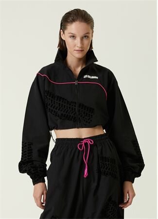 Les Benjamins Kadın Siyah Dik Yaka Desenli Crop Üst S EU