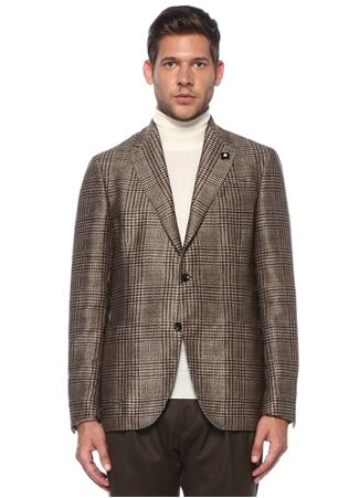 Lardini Erkek Bej Ekoseli Kazayağı Desenli Yün Ceket Yeşil 48 IT