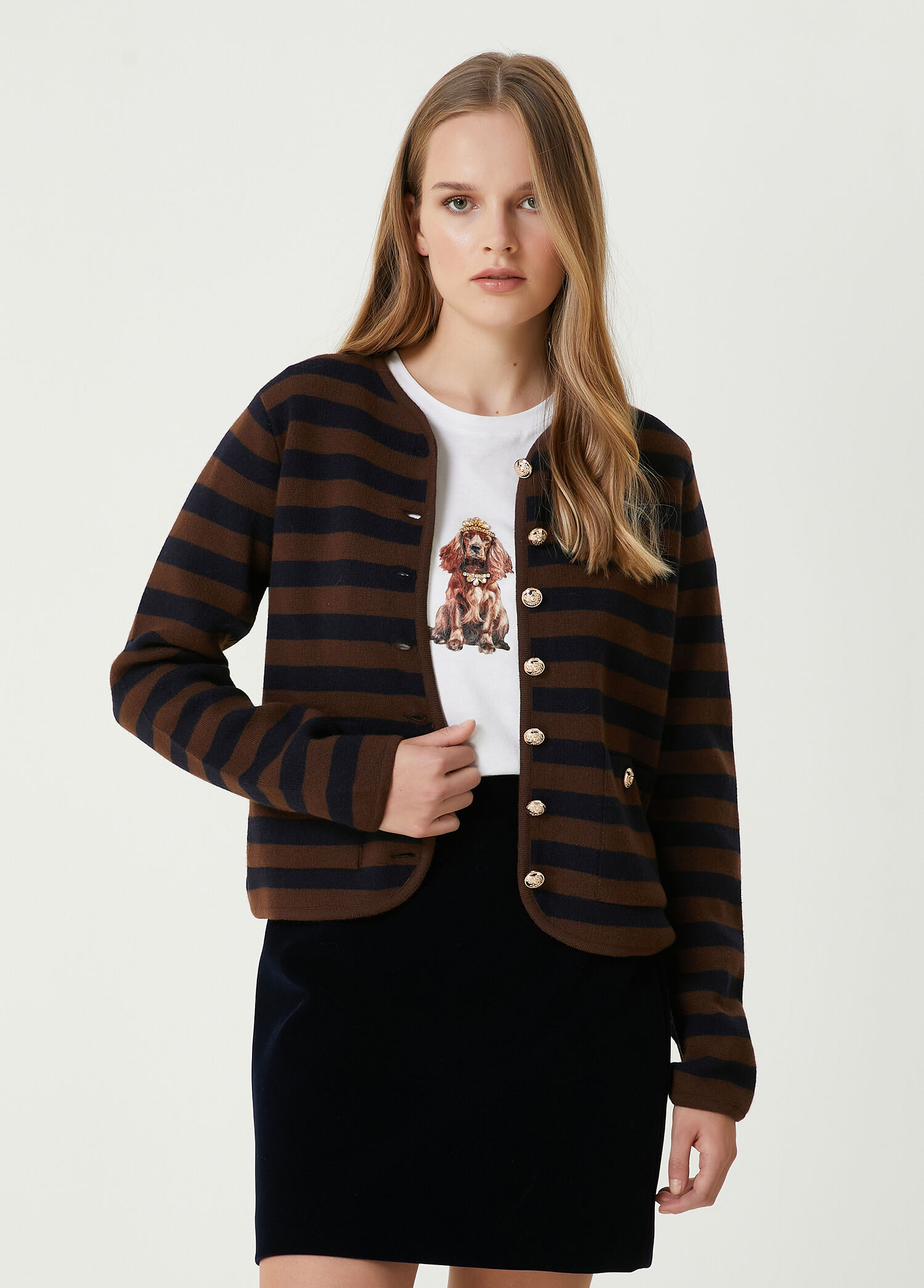 Beymen Club - Brown Navy Blue Line Patterned Knit Cardigan - Brown