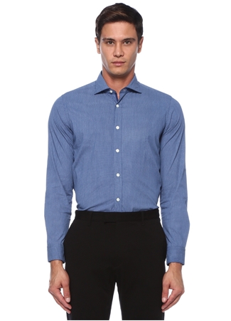 Pal Zileri Erkek Mavi Açık Yaka Puantiye Desenli Gömlek 40 IT