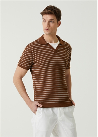 Beymen Club Erkek Kahverengi Polo Yaka Çizgili Kısa Kollu Triko S