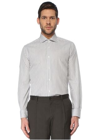 Pal Zileri Erkek Gri İtalyan Yaka Çizgili Gömlek Beyaz 38 IT