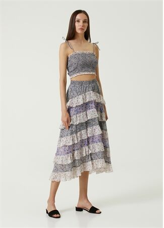 Maje Kadın Mavi Desenli Fırfırlı Midi Etek 34 FR