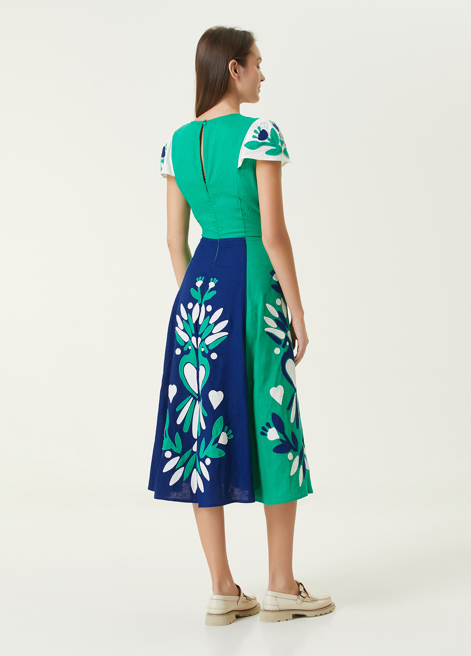 Farm Rio - Yeşil Mavi Midi Keten Elbise - Yeşil-Mavi