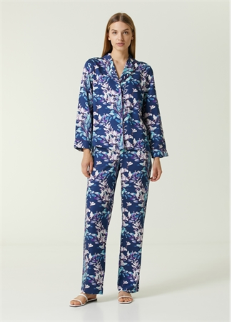 Elli2 Nightwear Kadın Mavi Çiçek Desenli Pijama Seti M EU