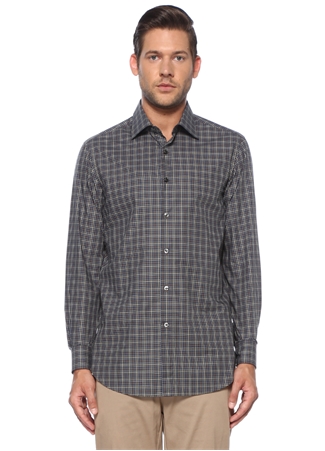 Pal Zileri Erkek Antrasit Modern Yaka Kareli Gömlek Gri 39 IT